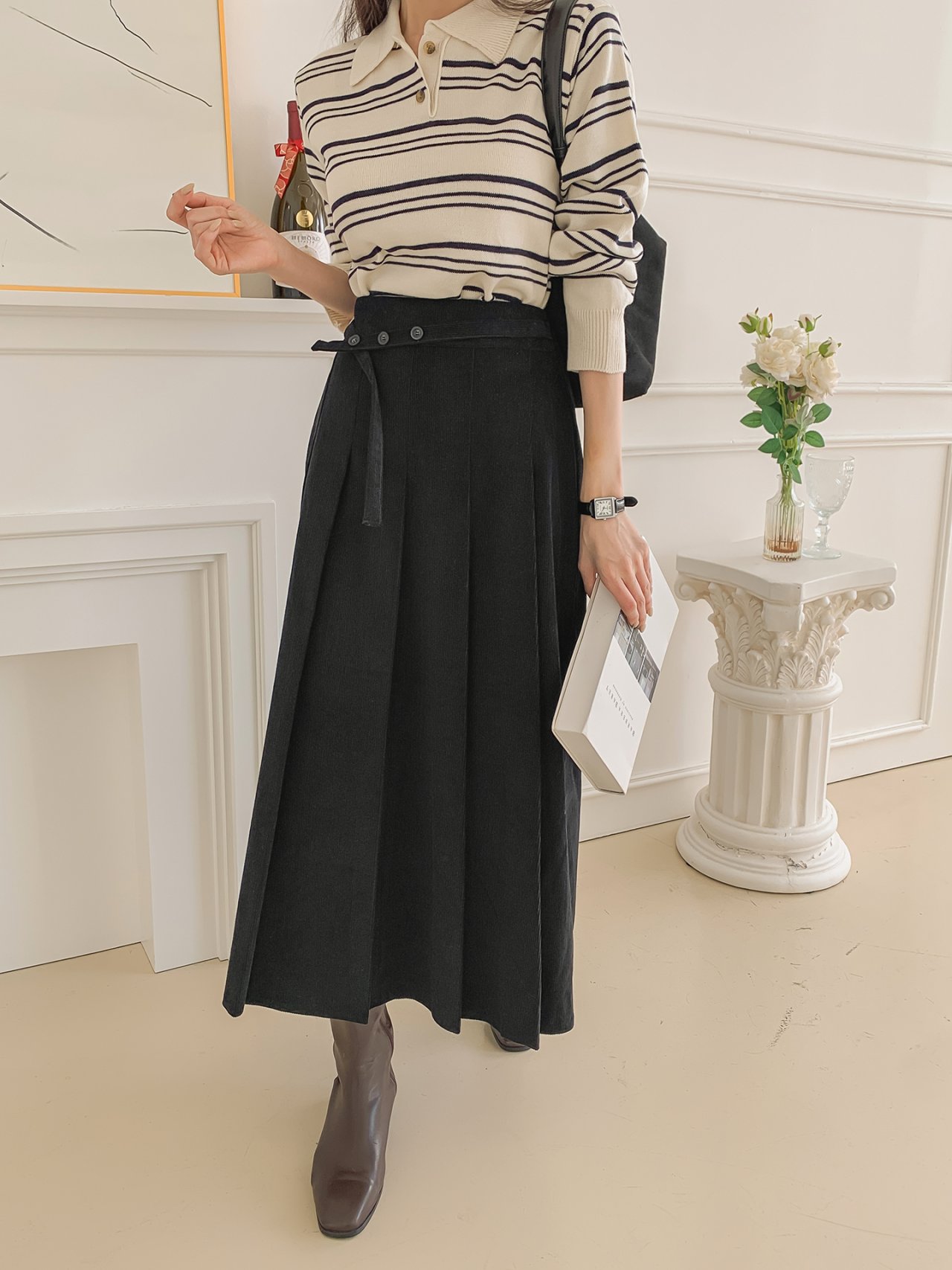 코듀로이 골덴 롱 플리츠 스커트 치마 A라인 벨트 키큰녀 오피스 결혼식 하객룩 가을 겨울 - RAUMTREE