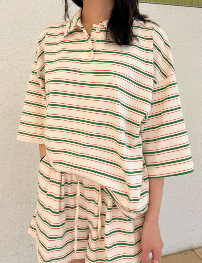 유니크 카라티 배색 단가라 크림그린 면 100 - RAUMTREE